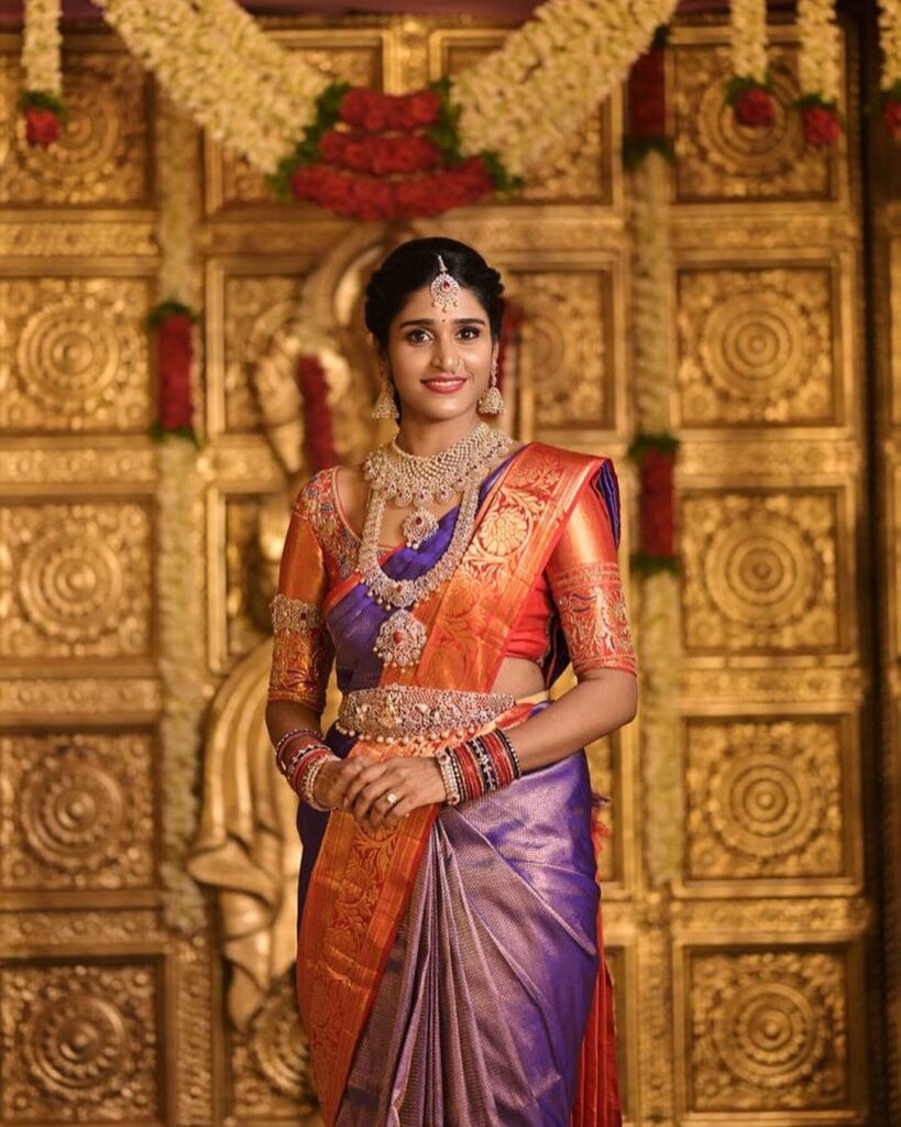 Purple kanchipuram saree in. 12 inches red border - Wedding silk sarees ...